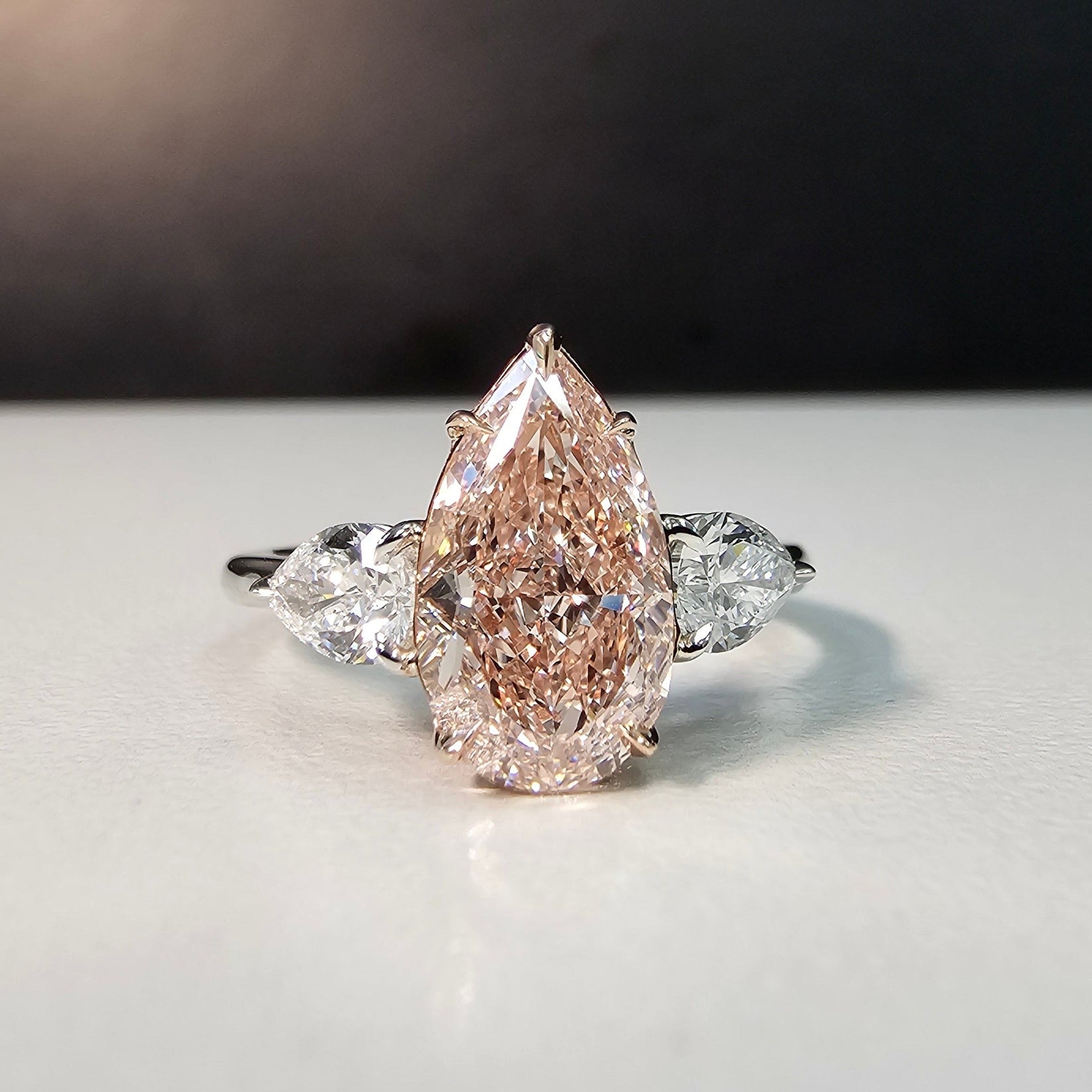 2 Carat Pink Pear Shape Diamond Three Stone Ring – Rare Colors