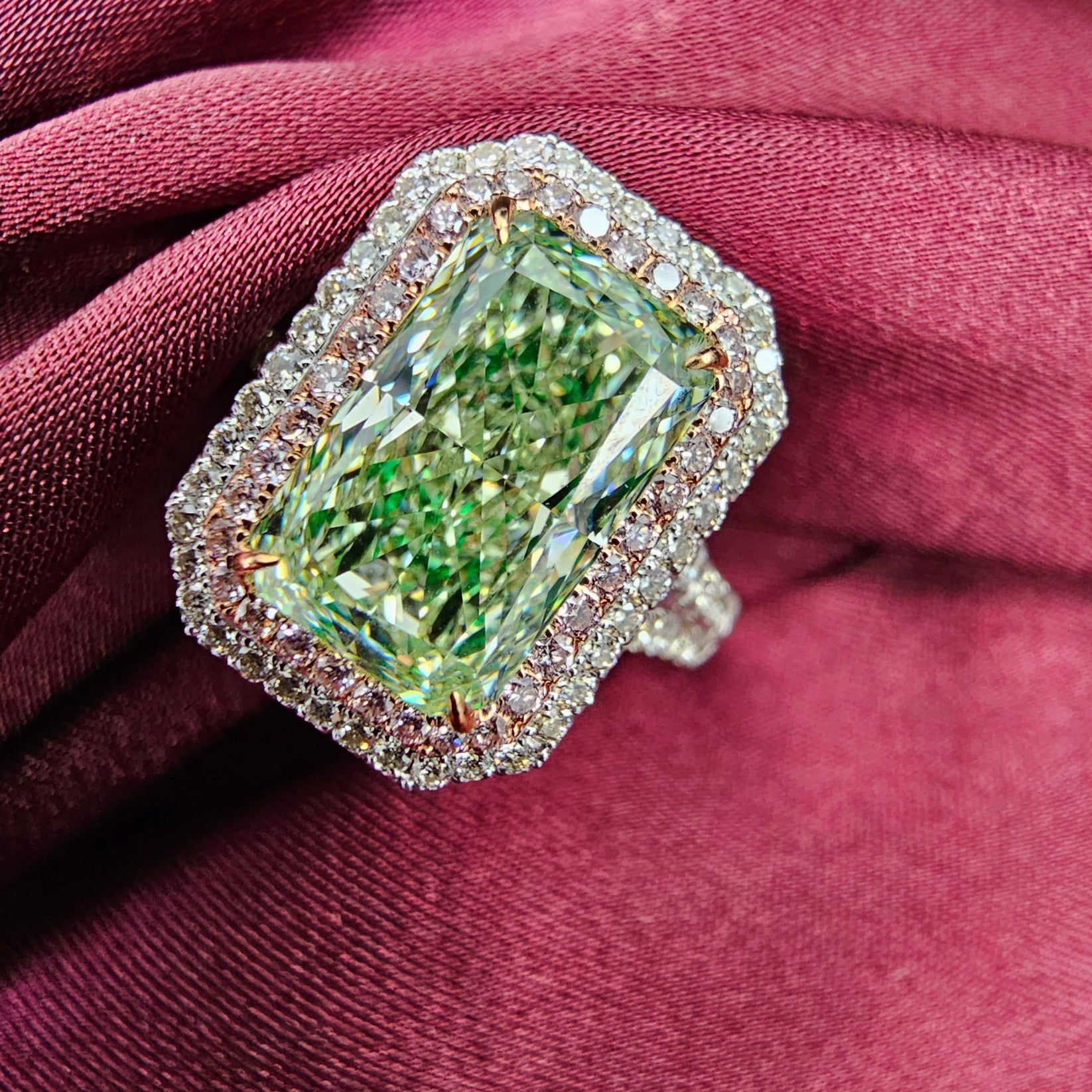 3.14ct Elongated Radiant Green Diamond Ring – Rare Colors