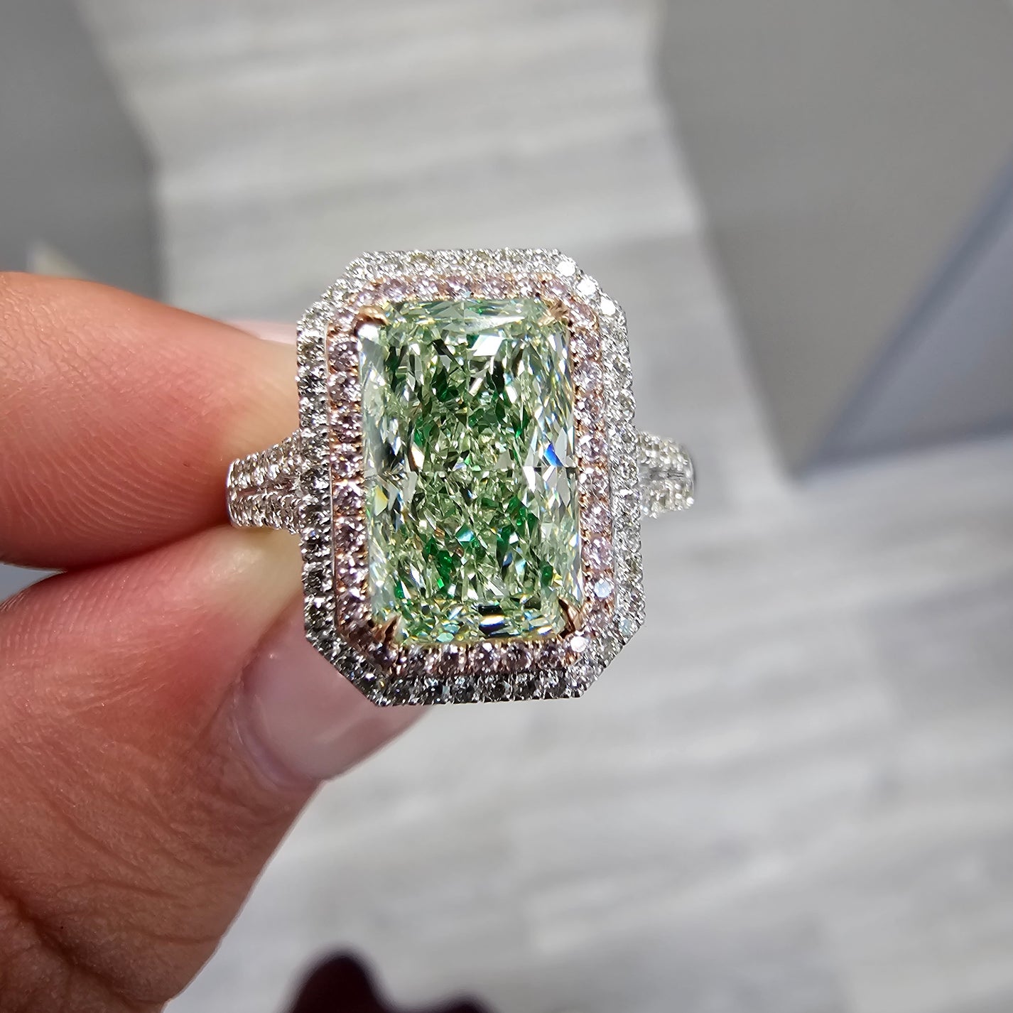 3.14ct Elongated Radiant Green Diamond Ring – Rare Colors
