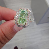 3.14ct Elongated Radiant Green Diamond Ring – Rare Colors